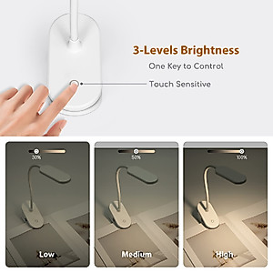 Aigostar Rechargeable Clip on Book Reading Light, Brightness Desk Lamp Touch LED Table Light with 3 Levels Dimmable,Built-in USB Cable,Long Lasting Portable Bed Bedside Clamp Light White