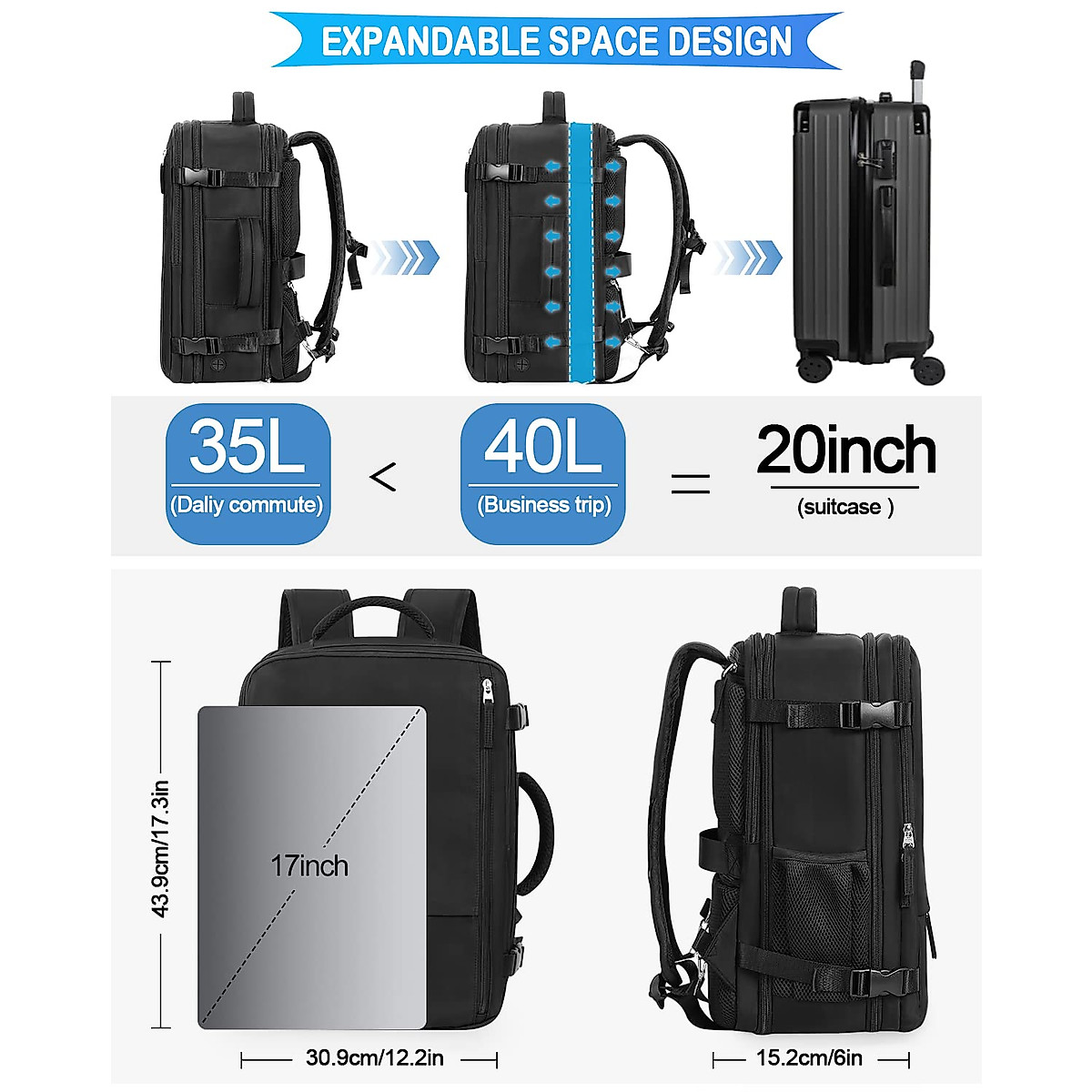 Getravel Travel Backpack For Women Men Airline Approved, Carry On Backpack, 17 inch Laptop Backpack, Waterproof Casual Outdoor Luggage Weedender Bag, Hiking Backpack(Black)