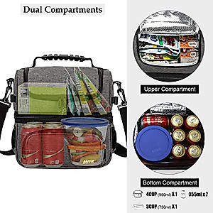 MIER Dual Compartment Lunch Bag Tote with Shoulder Strap for Men and Women Insulated Leakproof Cooler Bag, Grey