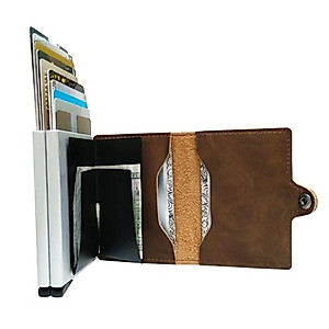 Minimalist Leather Card Holder With RFID Protection Wallet,12 cards in the sliding cover,2 interior slots for 4 cards,cash in its pressure system,0.98 x 2.75 x 3.85,Elegant black gift box (Dark Brown)