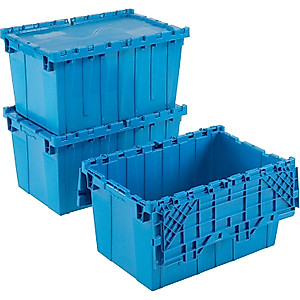 Plastic Attached Lid Shipping & Storage Container, 25-1/4x16-1/4x13-3/4, Blue