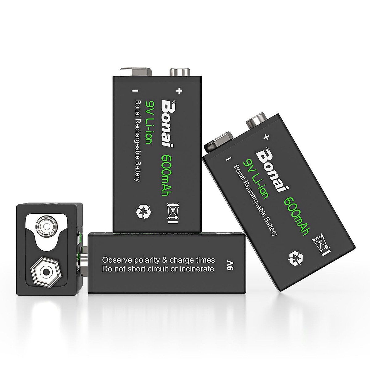 BONAI Rechargeable 9V Batteries 600mAh High Capacity 9V Rechargeable Batteries,(4 Pack) 9 Volt Lithium Batteries for Smoke Alarms Metal Detector etc - Long-Lasting & Economical