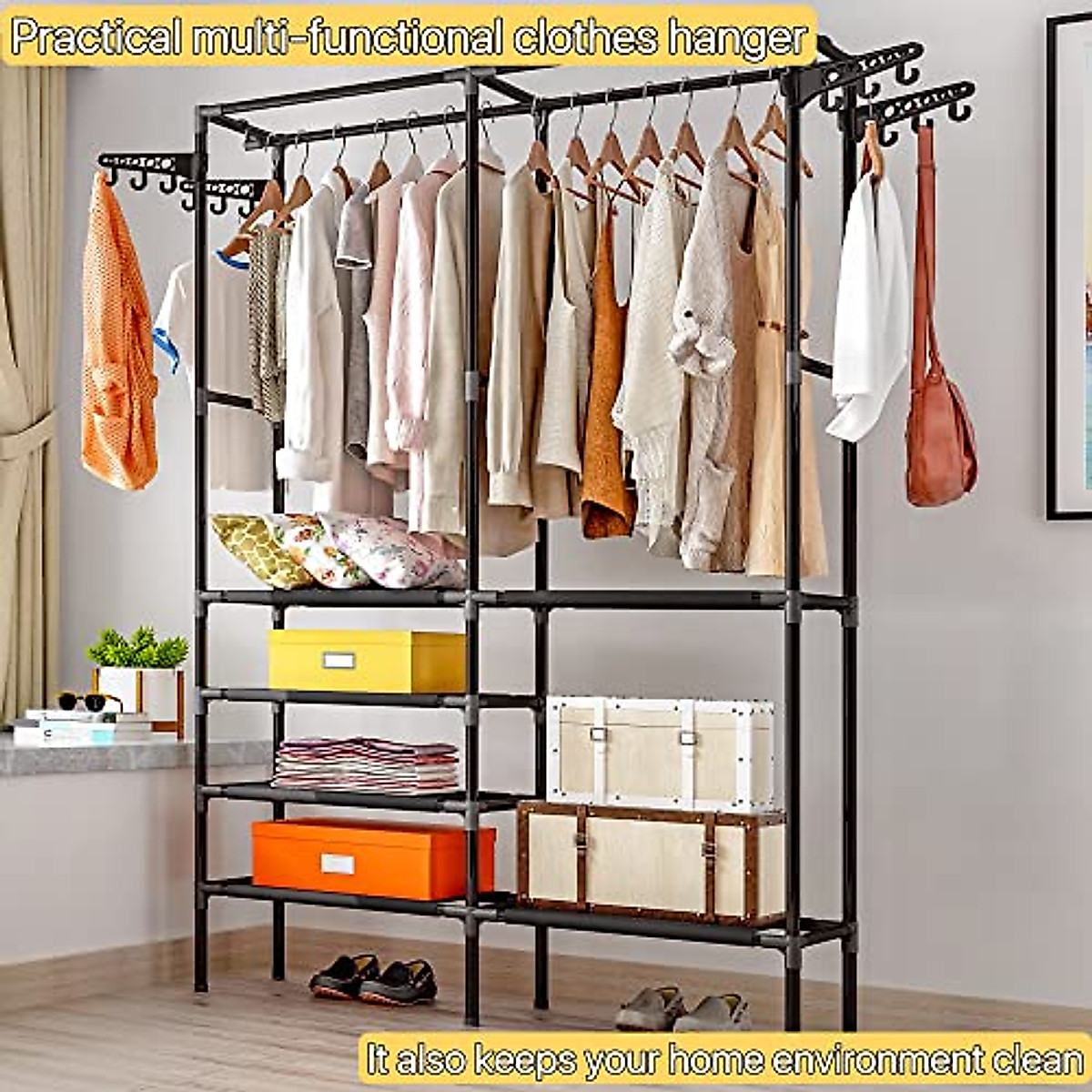 TUOKING Garment Rack, Metal Clothing Racks for Hanging Clothes, Heavy Duty Wire Bedroom Clothing Rack, Freestanding Portable Wardrobe Closet Rack with 4 Hanging Rods, 70" H*34L*17.5W, Black