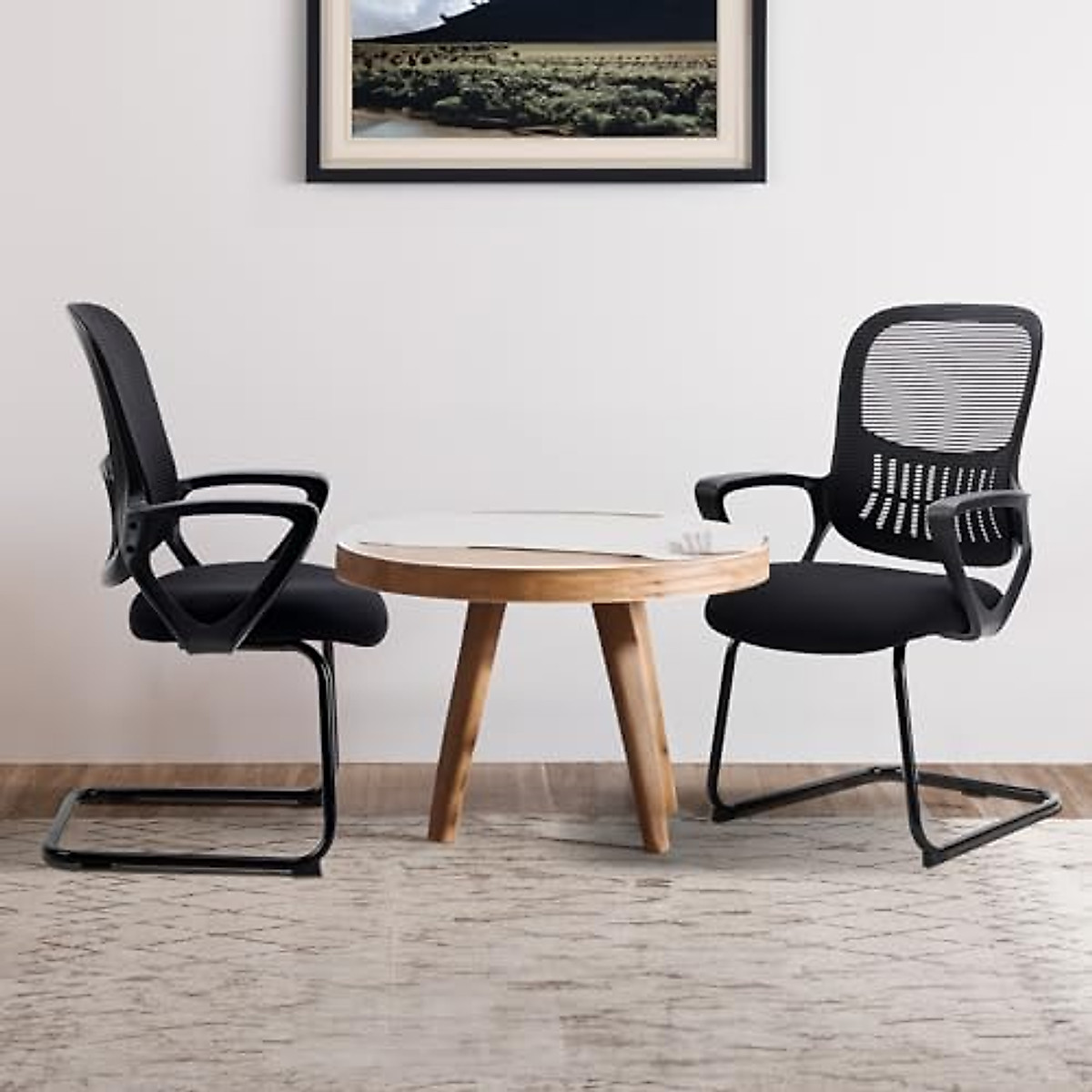 SMUG Desk Chair No Wheels Set of 2, Mid Back Computer Chair Ergonomic Mesh Office Chair with Larger Seat, Executive Sled-Base Task Chair with Lumbar Support and Armrests for Women Adults, Black