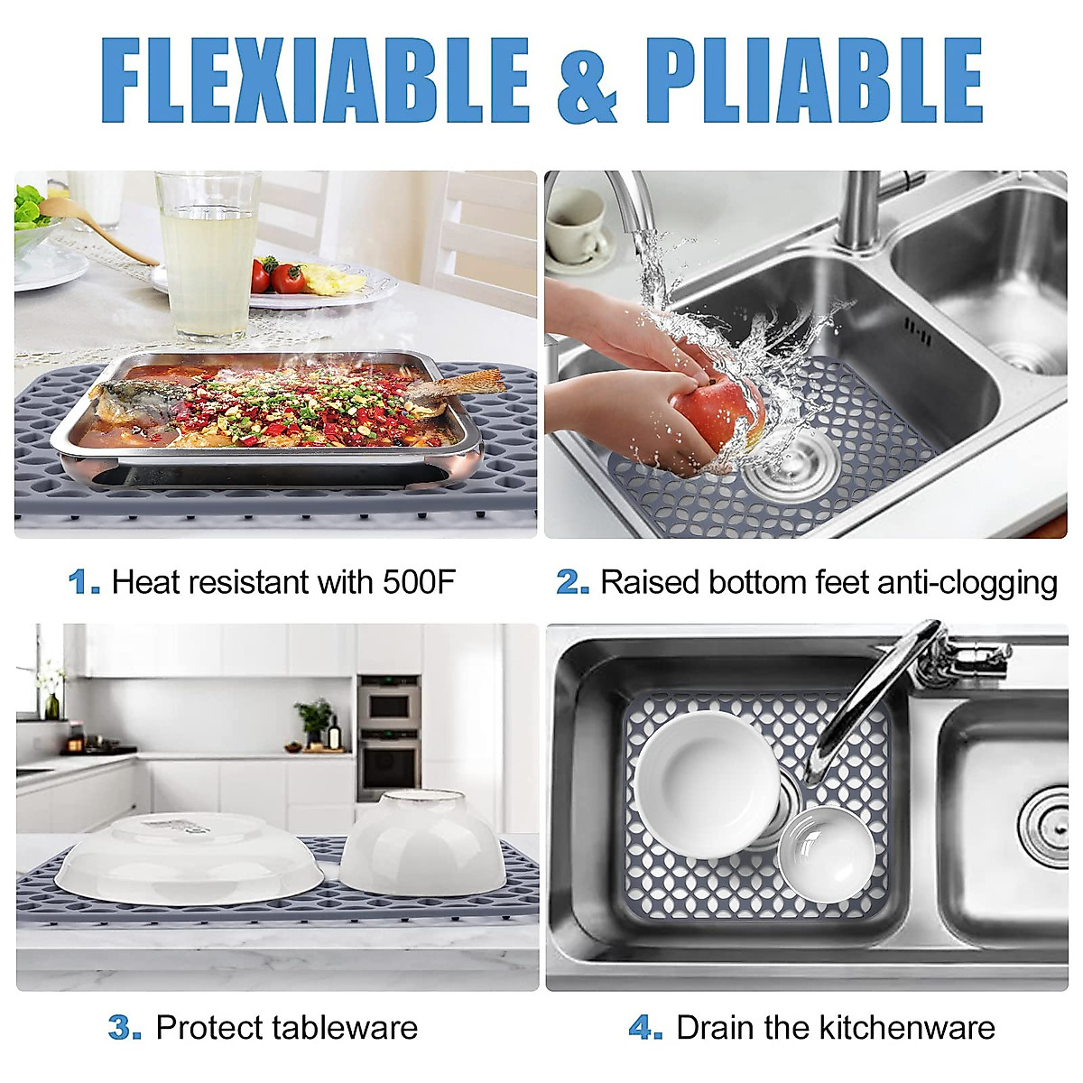 JUSTOGO Silicone Sink Protector, Center Drain Kitchen Sink Mats Grid Accessory, 2 PCS Folding Non-slip Sink Mats for Bottom of Farmhouse Stainless Steel Porcelain Sink ((Light Grey, 13.58"x 11.6")