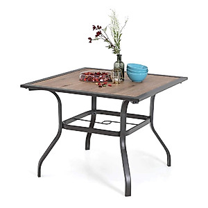 MFSTUDIO 37" Square Backyard Bistro Table Patio Dining Table Outdoor Furniture Garden Table, Imitation of Wooden Surface Top, 1.57” Umbrella Hole, Gray Frame