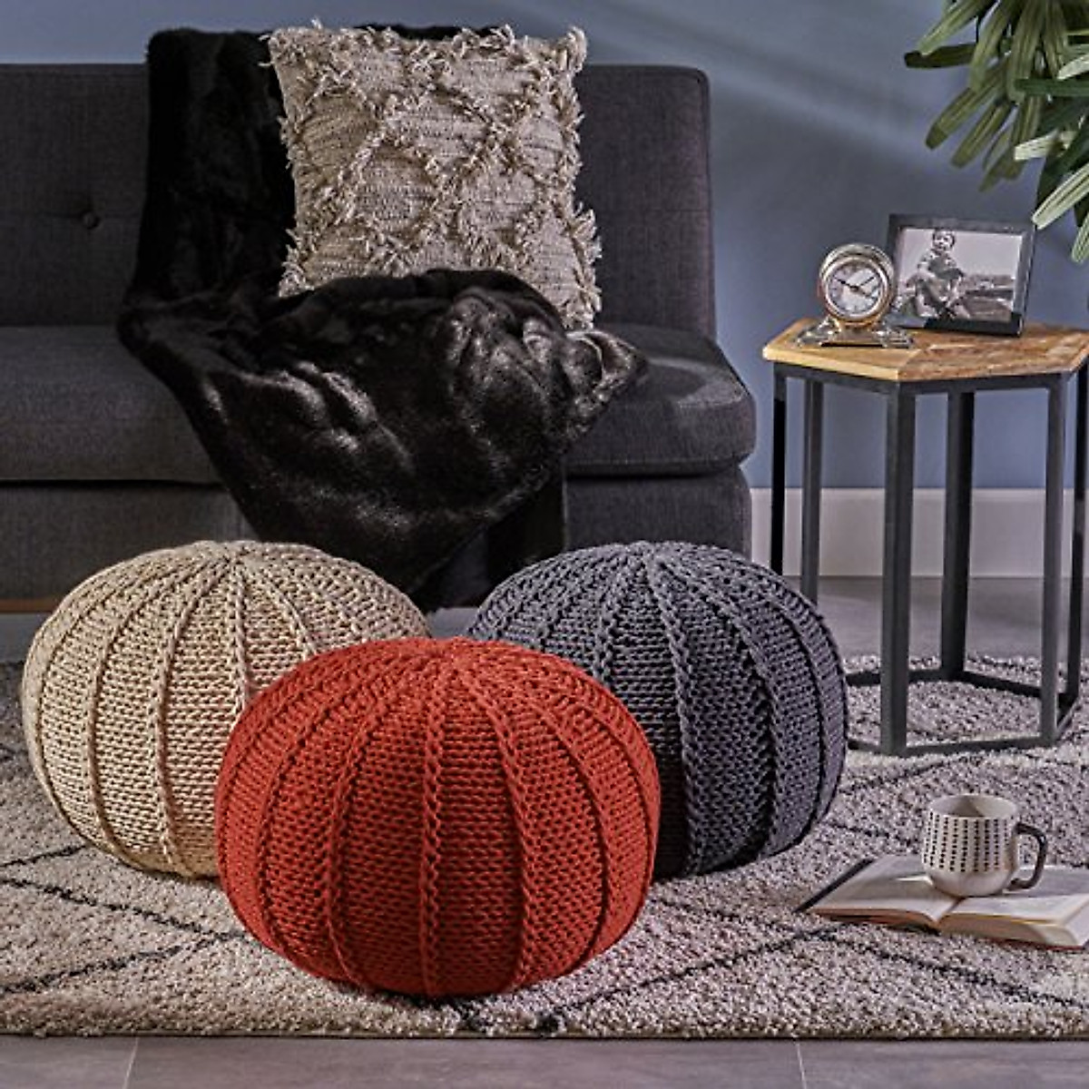 Christopher Knight Home Agatha Knitted Cotton Pouf, Beige