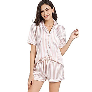 Serenedelicacy Women's Satin Pajama Set 2-Piece Sleepwear Loungewear Button Down Short Sleeve PJ Set (Medium, Light Pink/Ivory, Stripe)
