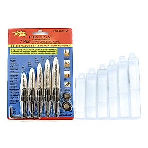 FTG USA Wood Countersink Drill Bit Set 5 Sizes Set Countersink #4, 6, 8, 10, 12 Tapered Drill Bits with Hex Shank Countersink bit, 2 Stop Collar, 1 Allen Wrench, 6 Storage Containers