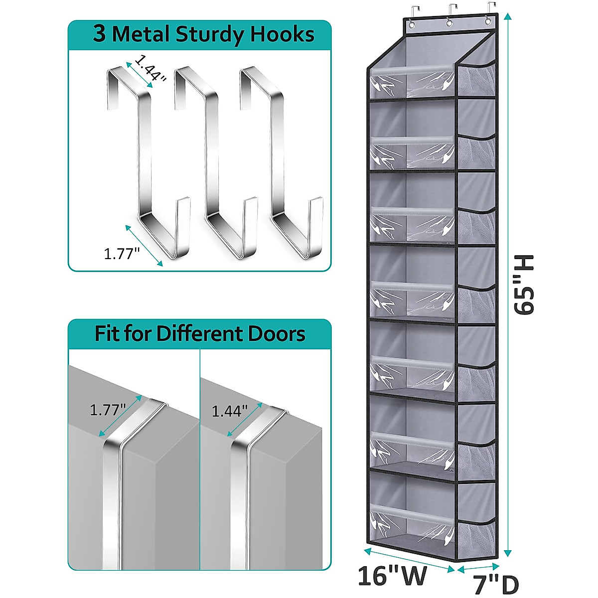 KIMBORA 7 Tier Hat Rack for Baseball Caps, Over Door Baseball Hat Organizer Hold 80 Hat Storage for Closet/Wall with 14 Side Mesh Pockets Cap Holder (Gray)