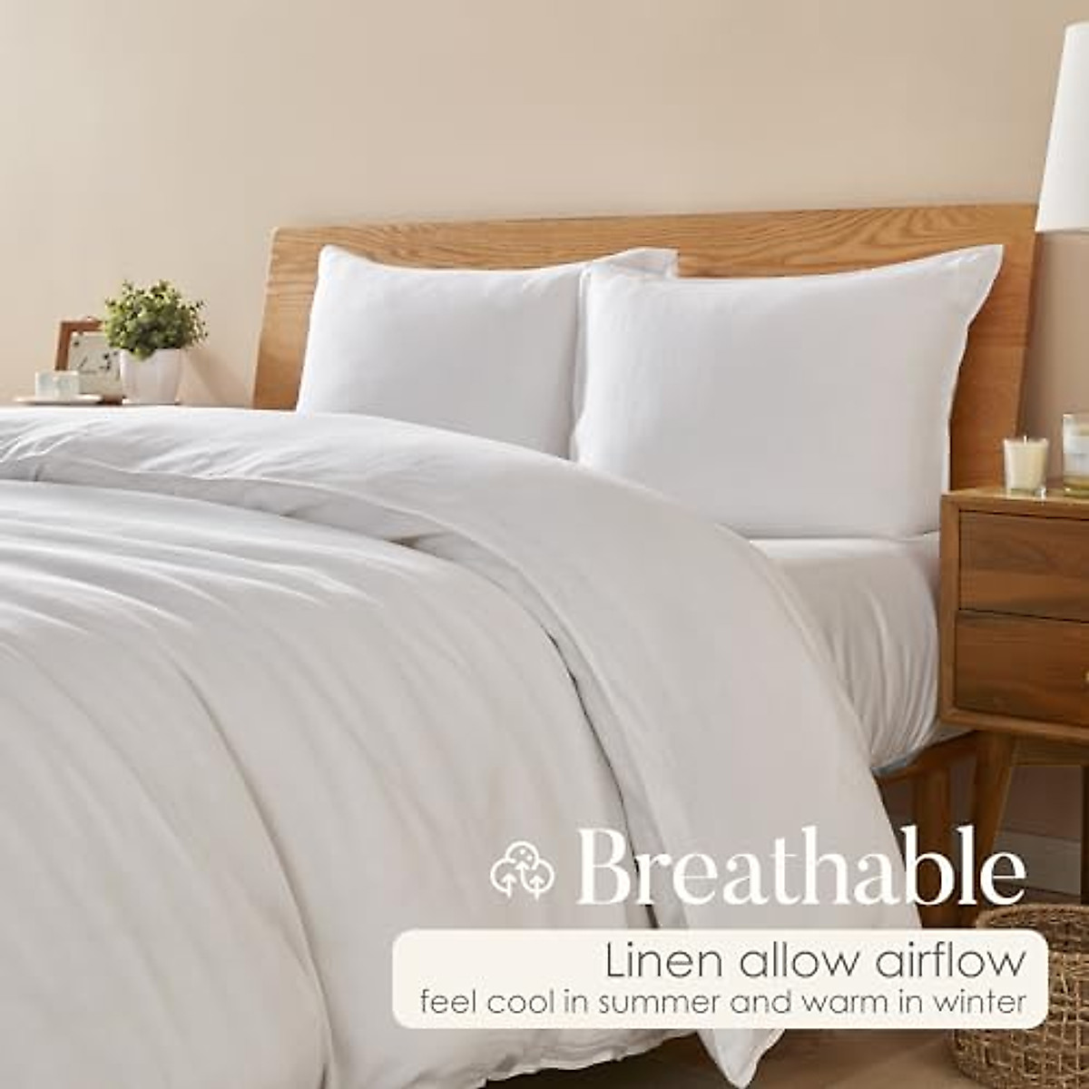 DAPU 100% Linen Duvet Cover Set - Pure Natural French Flax Linen with 8 Corner Ties and Zipper Closure Soft Breathable Durable for Hot Sleepers 1 Duvet Cover 2 Pillowcases (White, Queen)