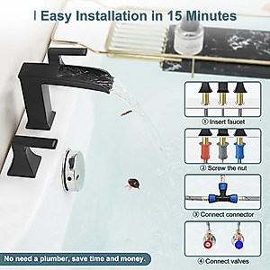HEYMYTAP Brass High Flow Roman Bathtub Faucet Black Tub Faucet, Waterfall Bath Tub Faucet Set 3 Hole, Widespread Bathtub Faucets Deck Mount Bath Tub Faucets with 2 Knob, Pre-Installed Water Hose