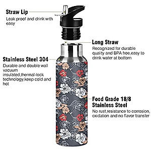 Kigai Floral Pattern Stainless Steel Sports Water Bottle BPA-Free Vacuum Insulated Leakproof Wide Mouth Flask with Straw Lid Keeps Liquids Cold or Hot for Gym Travel Camping