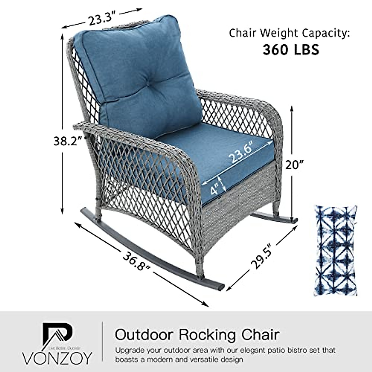 VONZOY Outdoor Rocking Chair, Wicker Patio Furniture with Thickened Cushions for Porch (Blue)