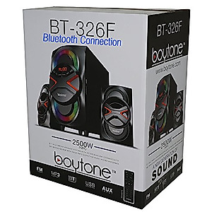 Boytone BT-326F, 2.1 Bluetooth Powerful Home Theater Speaker System, with FM Radio, SD USB Ports, Digital Playback, 40 Watts, Disco Lights, Full Function Remote Control, for Smartphone, Tablet., Black