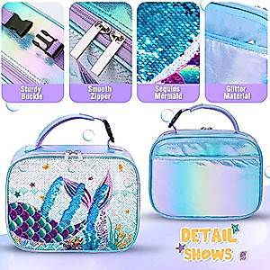 WAWSAM Glitter Mermaid Backpack Set - Sparkly School Backpack with Lunch Box for Girls Preschool Kindergarten Elementary 15” Blue Hiking Travel Book Bag Schoolbag Insulated Lunch Bag