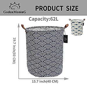 Collapsible Laundry Basket - GodenMoninG 2X 62.8L Large Sized Round Waterproof Storage Bin with Leather Handles,Home Decor,Toy Organizer,Children Nursery Hamper.（2 PACKS，Grey Striped Shark & Blue Wave）