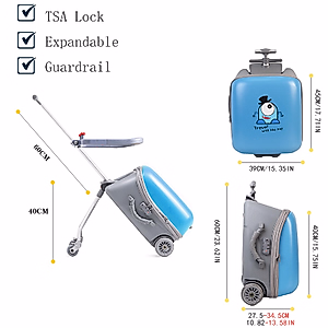 ELDA 20'' Kids Ride On Suitcase with Child Seat Design Large Carry On Hardside Rolling Luggage with Detachable Trolley, TSA Lock, Travel for Boys Girls