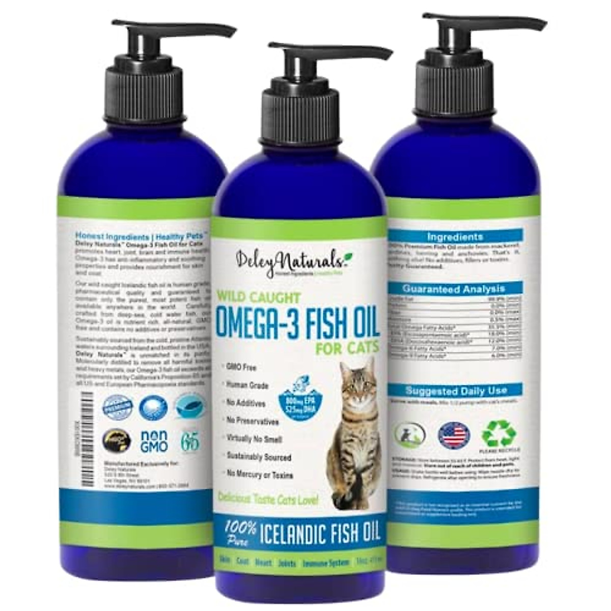 Deley Naturals Wild Caught Fish Oil for Cats - 16oz - Omega 3-6-9, GMO Free - Reduces Shedding, Supports Skin, Coat, Joints, Heart, Brain, Immune System - Highest EPA & DHA Potency – Pure Fish Oil