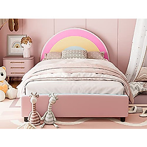 IKIFLY Twin Size Kids Bed, Children Upholstered Twin Platform Bed Frame with Curved Headboard, Pink Toddler Bed for Boys & Girls, Teens, No Box Spring Needed - Rainbow Design