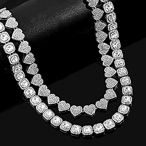 shopbyskyler 2PCS Clustered Diamond Tennis Chain Miami Cuban Link Chain for Women 15MM Clustered Heart Iced Out Miami Cuban Necklace Hip Hop Jewelry Gifts (16inch/18inch, Silver)