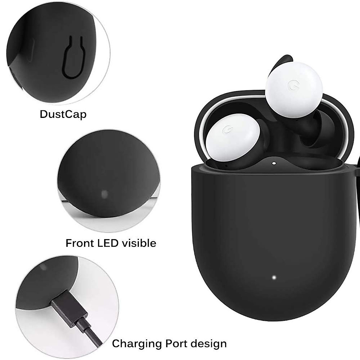 Compatible for Google Pixel Buds 2 Case Cover, [Front LED Visible] Keychain Silicone Protective Cover Case for Google Pixel Buds 2 (Black)