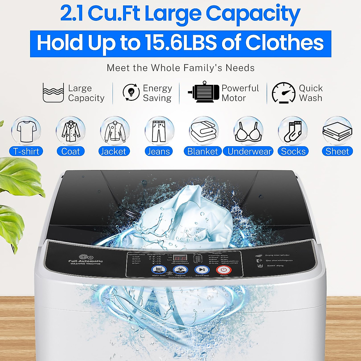 Nictemaw Portable Washing Machine 15.6 Lbs Capacity Portable Washer with Drain Pump, 2.1 Cu.ft Compact Laundry Washer with LED Display, 10 Programs & 8 Water Levels, Ideal for Home, Apartment, RV