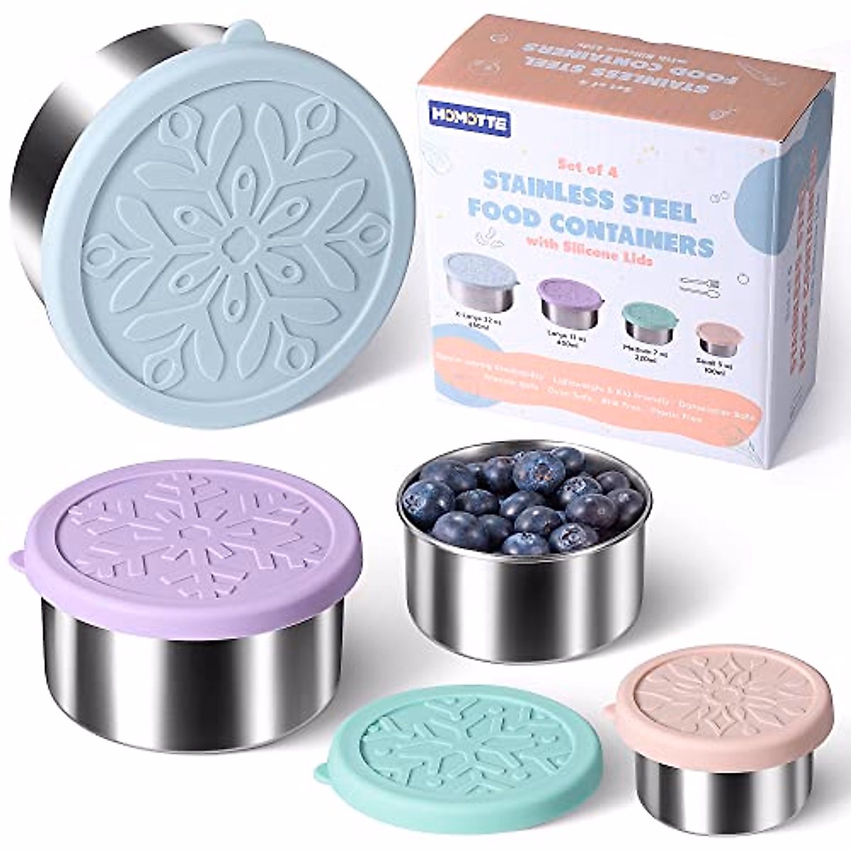 Homotte Stainless Steel Containers with Lids - Stackable Toddler Snack Containers, 18/8 Stainless Steel Lunch Box for Kids Adults, Leakproof Metal Food Storage Containers (3oz, 7oz, 13oz, 22oz)