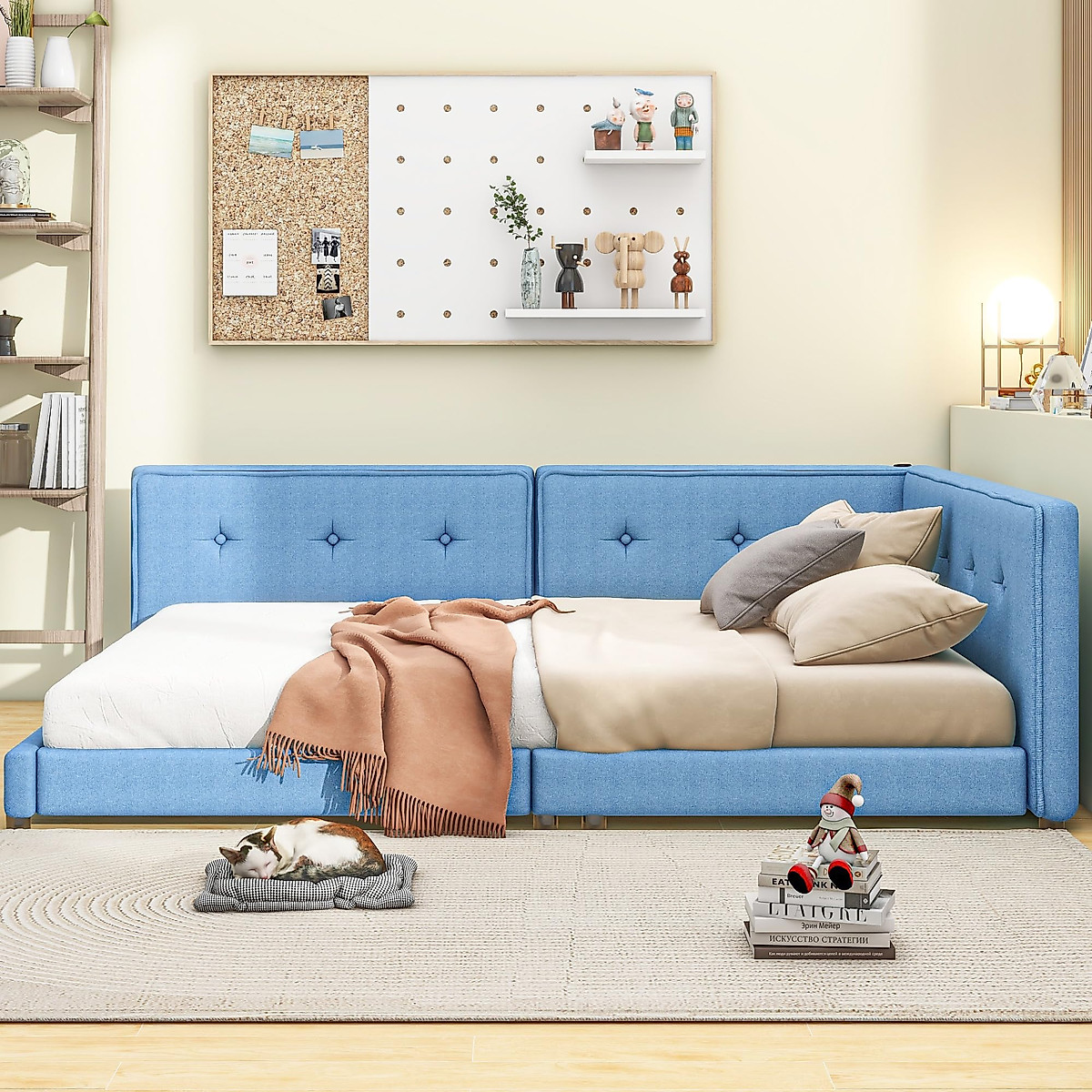 Modern Design Full Size Upholstered Daybed with USB Ports,Wood Fabric Corner Platform Bed Frame with Slat Support,Easy Assembly,No Box Spring Needed