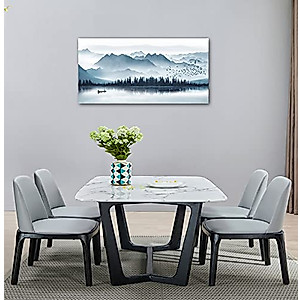 arteWOODS Indigo Canvas Wall Art Misty Mountain Wall Pictures Foggy Lake Boat Canvas Painting Grey Blue Forest Birds Canvas Wall Decor for Living Room Wall Decorations 20" x 40"