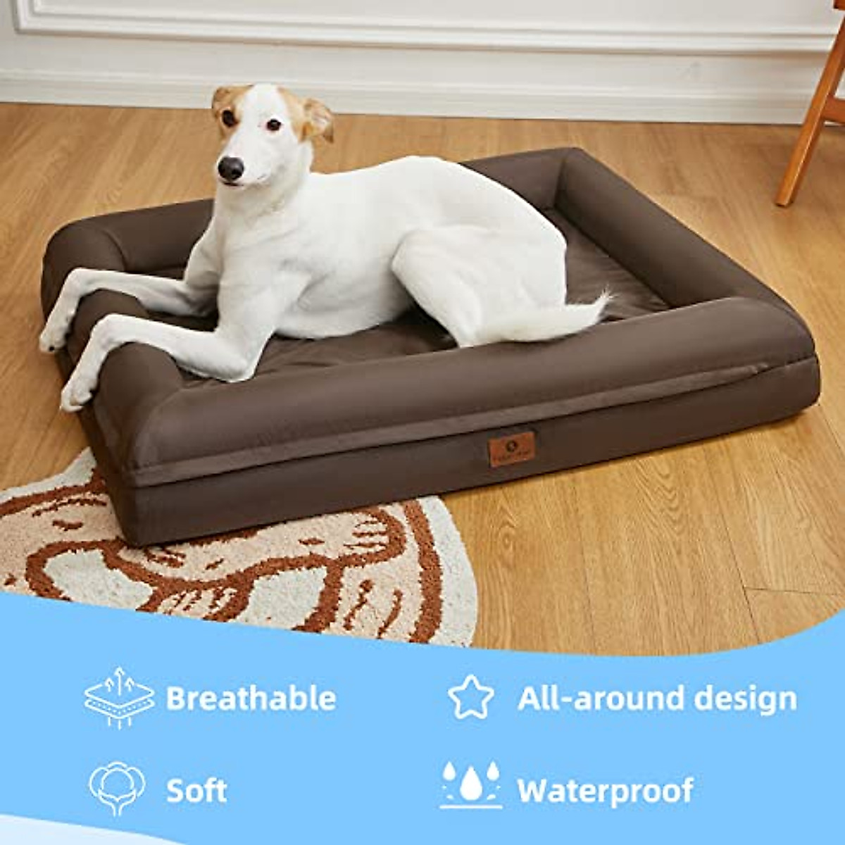 Hygge Hush Summer Waterproof Dog Bed, Washable Dog Bed with Removable Cover and Bolster, Orthopedic Dog Bed with Nonskid Bottom (X Large / 42"x30", Brown)