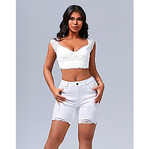 roswear Women’s Casual Summer Ripped High Waisted Denim Shorts Stretch Distressed Frayed Raw Hem Jean Shorts White Large