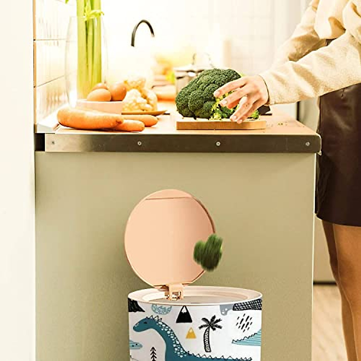 Nordic Style Trash Can - Childish seamless with hand drawn dino in scandinavian style Creative Push Top Trash Can with Lid - Scandinavian Modern Garbage Can - Round Trash Bin w/ Legs for Kitchen/Bathroom/Dog proof, 1.8 Gallon - 7L
