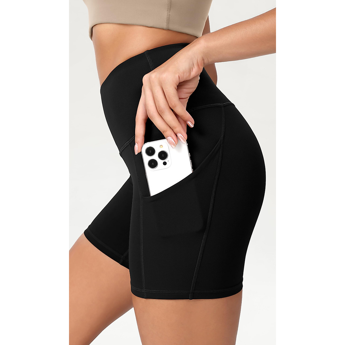 ODODOS 5" Tummy Control Yoga Shorts for Women with Pockets High Waist Athletic Workout Biker Shorts, Black, Small