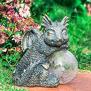 WONDER GARDEN Dragon Statue - Sleeping Dragon Figurines Solar Light Resin Garden Statues with Crackled Glass Globe Outdoor Waterproof Lawn Ornament Decor