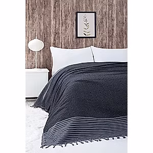 Wellstil Aria | Turkish Throw Blankets - 80 x 100 inches,0 Cotton Blankets Queen Size - Boho Throw Blanket for Couch, Sofa, Bed - Farmhouse Throw Blanket with Tassels (Black)