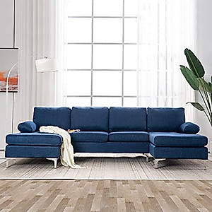 MELLCOM Modern U-Shape Sectional Sofa, Soft Linen Fabric Sectional Couch, Double Wide Chaise Lounge Couch with Modern Metal Feet for Apartment Living Room, Blue