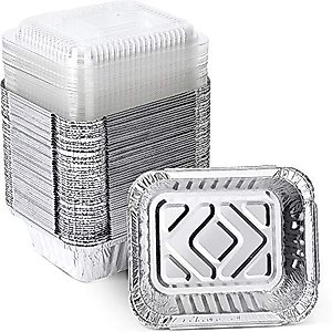 XIAFEI 1LB Aluminum Pans with Clear Lids (50PACK)，Foil Pans - to Go Food Containers，Recyclable Aluminum Foil with Strong Seal for Freshness & Spill Resistance- 5.5"x 4.5"x 1.57"