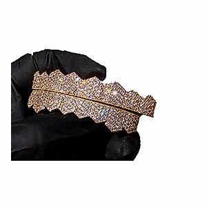 Shop-iGold 14k Gold Plated Iced Out Bling Gold Grillz for Mouth Top Bottom Hip Hop , 8 Teeth Grills for Teeth Mouth Set