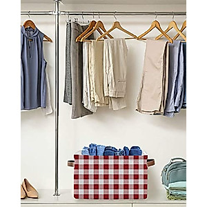 Rustic Red Checkered Storage Basket for Shelves, Valentine Red Buffalo Plaid Storage Cube Fabric Storage Bins, Closet Organizers with Handles for Book, Toys, Cloth, 15x11x9.5 Inch