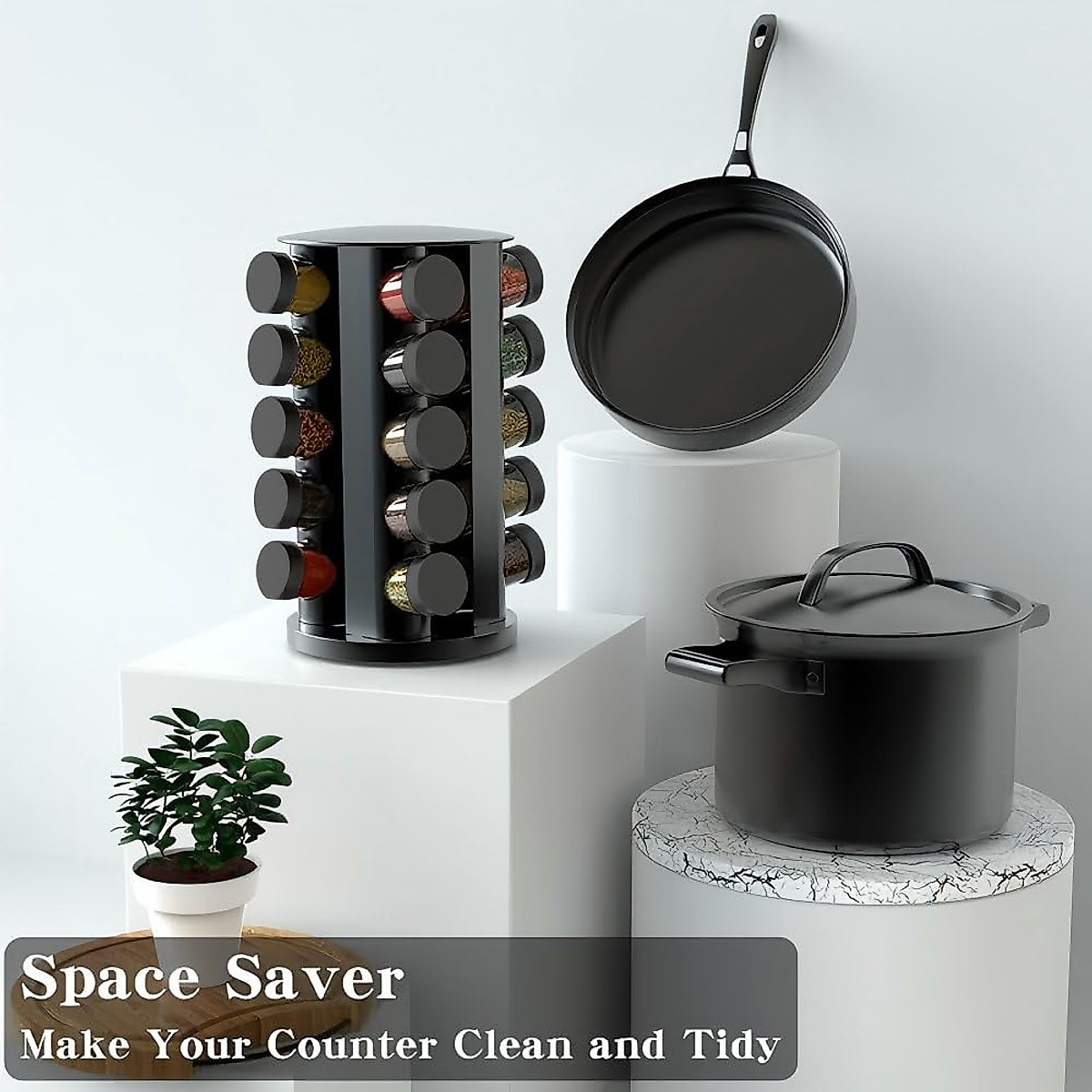 Revolving Spice Rack, Spice Racks Organizer for Kitchen Cabinet , Rotating Seasoning Organizer Storage with Jars , Black