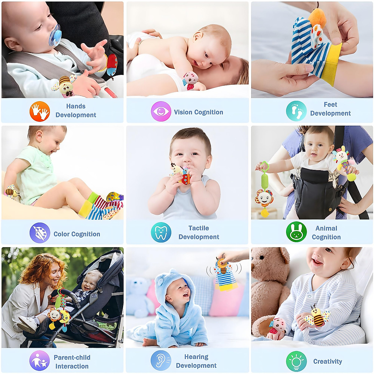 Bloobloomax Wrist Rattles Foot Finder Rattle Sock Baby Toy, Hanging Rattle Toy, Hand Bracelet Rattle, Feet Leg Ankle Socks, Activity Rattle Present Gift for Newborn Infant Babies Boy Girl(12 pcs-H)