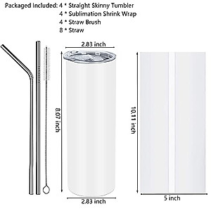 Glow in the Dark Sublimation Tumbler 20 Oz Skinny Straight, 4 Pack Luminous Skinny Tumbler Bulk for Sublimation with Shrink Wrap, Stainless Steel Skinny Sublimation Tumbler Glow in the Dark, White