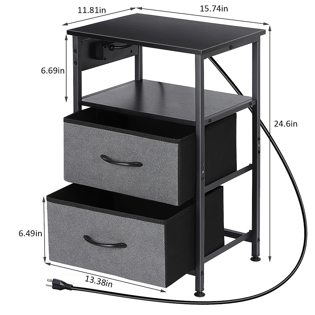 NANANARDOSO Nightstand with Charging Station, Small Bedside Table with 2 Fabric Drawers and Storage Shelf, Rustic End Table for Small Space Bedroom Living Room, Black