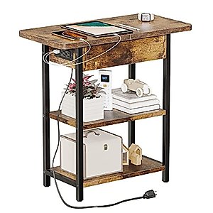 End Table with Charging Station, Narrow Side Table with USB Ports and Outlets, Flip Top Nightstand / Bedside Table / Sofa Couch Table for Small Spaces / Slim End Table for Living Room Bedroom Office