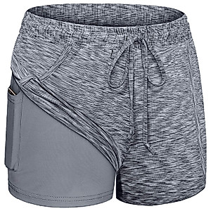 BLEVONH Shorts for Women Athletic,Stretchy Waistband Double Layers Yoga Athletic Short with Pocket Womens Lightweight Plus Sized Quick Dry Pickleball Workout Clothes Gray 2XL