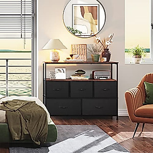 WLIVE 2-Drawer Nightstand and 5-Drawer Dresser Set, Fabric Storage Tower for Bedroom, Hallway, Nursery, Closets, Tall Chest Organizer Unit with Textured Print Fabric Bins, Steel Frame
