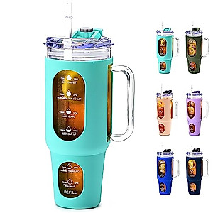 Zibtes 40 oz Glass Tumbler with Lid and Straws, Motivational Water Bottle with Time Marker and Silicone Protective Cover, Iced Coffee Cup with Handle,(Teal)