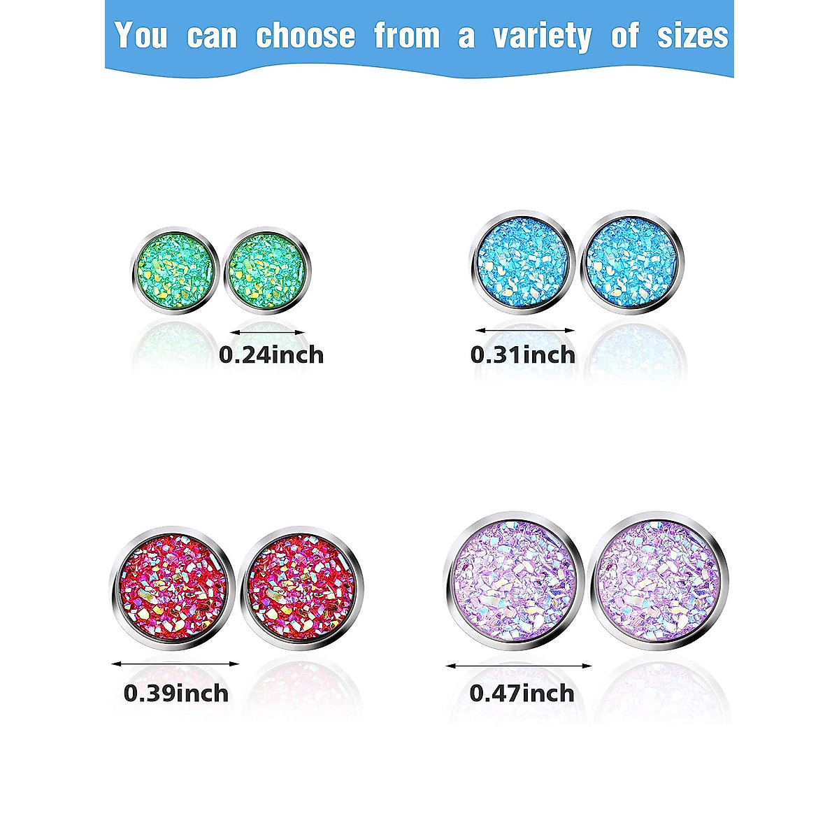 Boao 15 Pairs Druzy Stud Bulk Earrings Set Stainless Steel Round post Earrings Bohemian Pierced Earrings Jewelry for Women