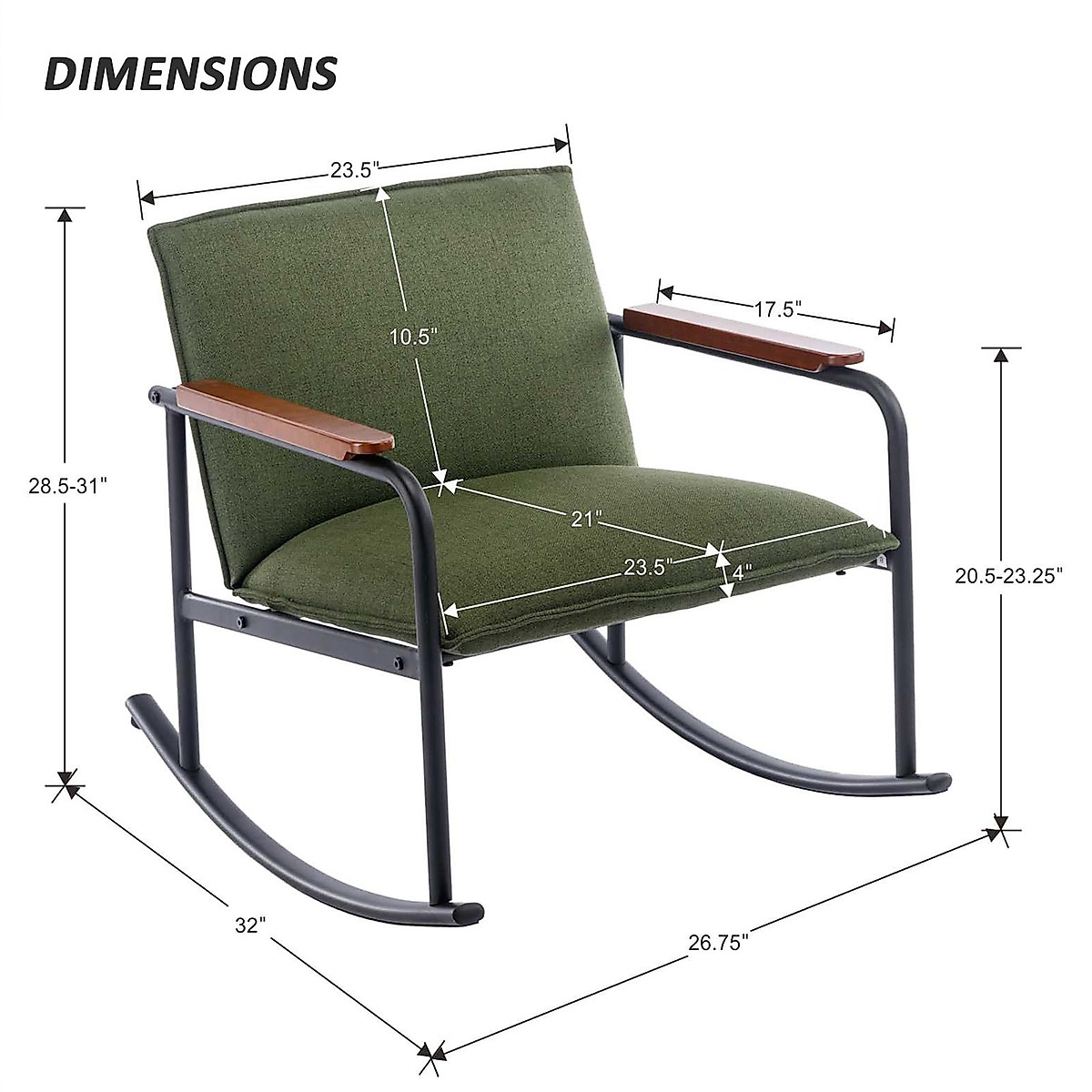 DUOMAY Modern Accent Rocking Chair, Mid Century Upholstered Glider Rocker Armchair with Metal Base Linen Fabric Nursery Glider Chair with Wooden Grips for Living Room Bedroom, Green